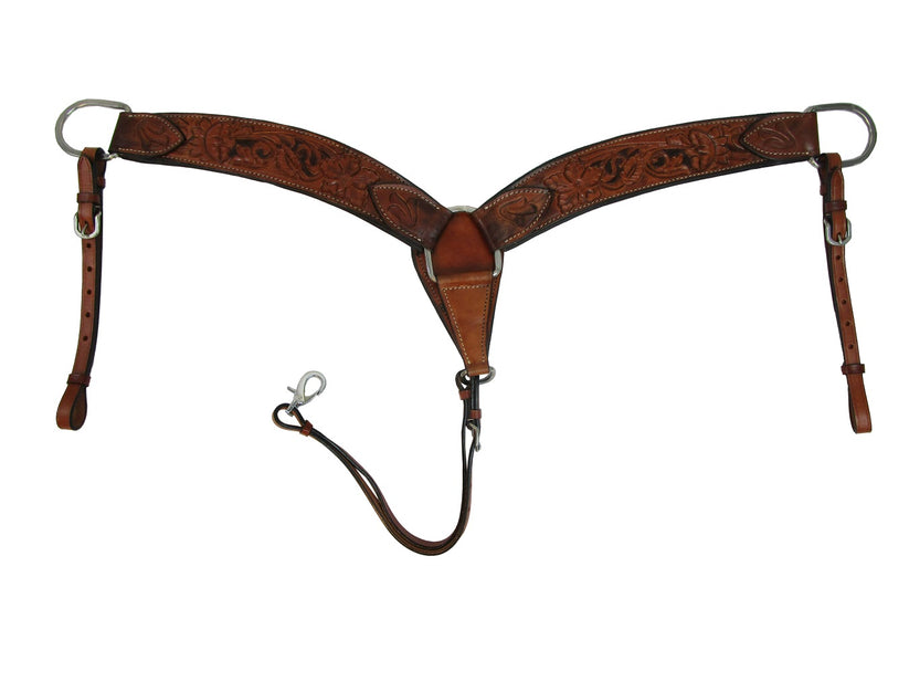 Western Breast Collar Floral Tooled Leather Black Inlay Horse Tack