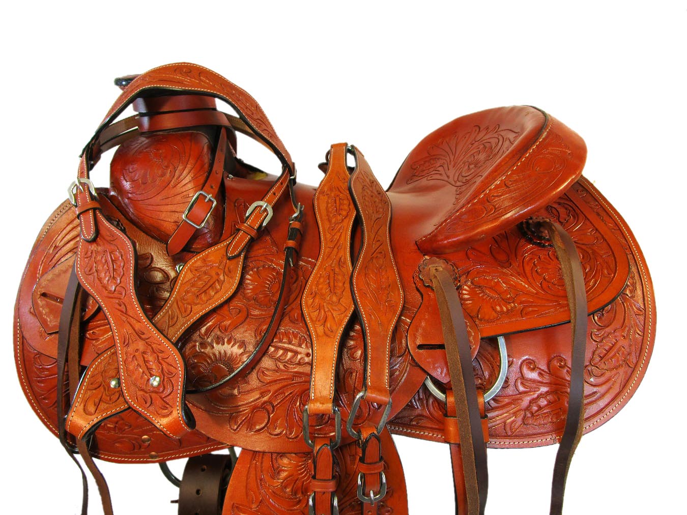 Western Roping Saddle Tooled Leather Hard Seat Ranch Working 15 16 17 ...